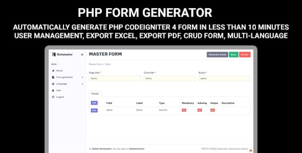 PHP Form Generator - Codeigniter 4 Form Master, Form Header Detail, User Management, Multi ...